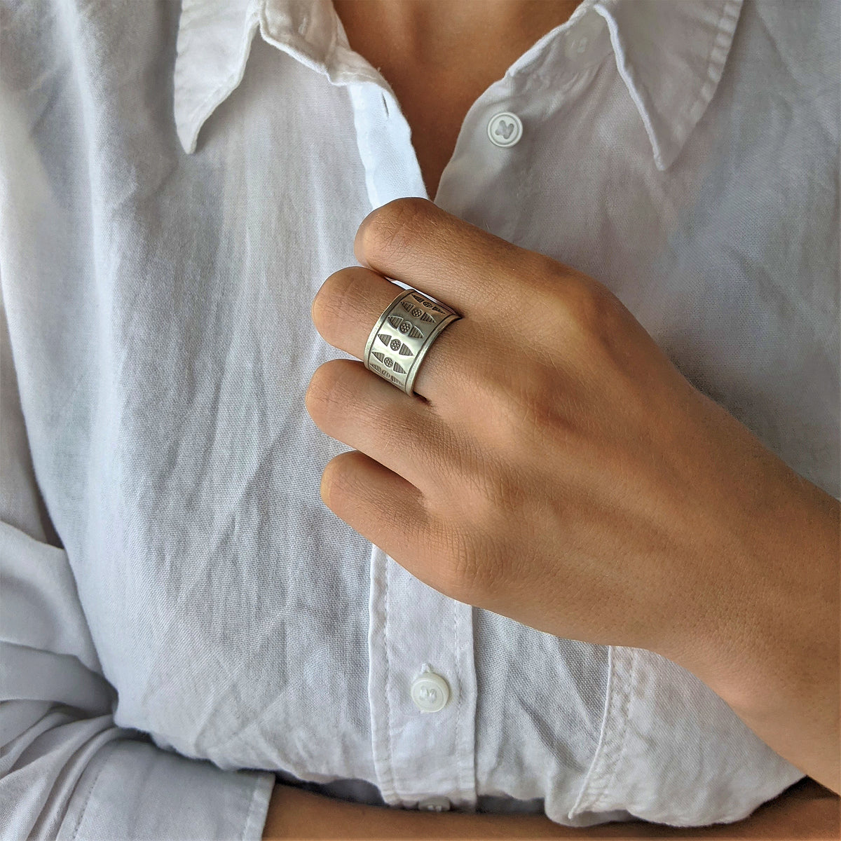 Pure Silver Hill Tribe Wide Band Flower Tribal Pattern Adjustable Ring ...