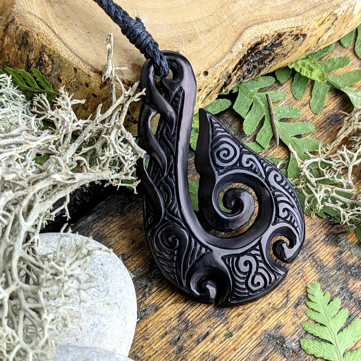 Horn Engraved Hei Matau Wave Whale Tail Koru Pendant Cord Necklace ...