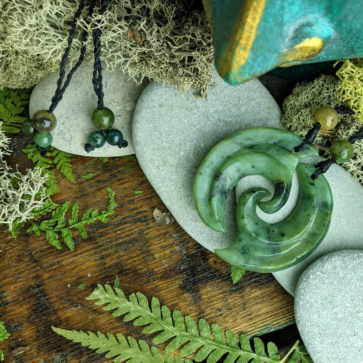 Nephrite Jade Two Split Half Koru Double Spiral Pendant Cord Necklaces ...